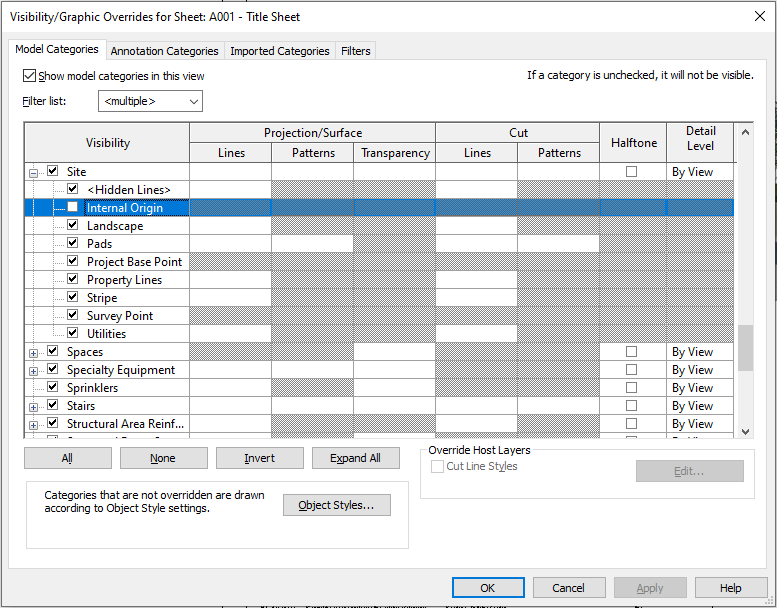 All views show the internal origin in Revit 2020.2