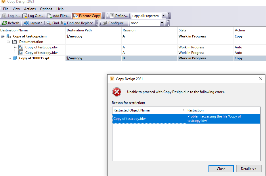 "Unable to proceed with Copy Design... Can not have two objects with ...