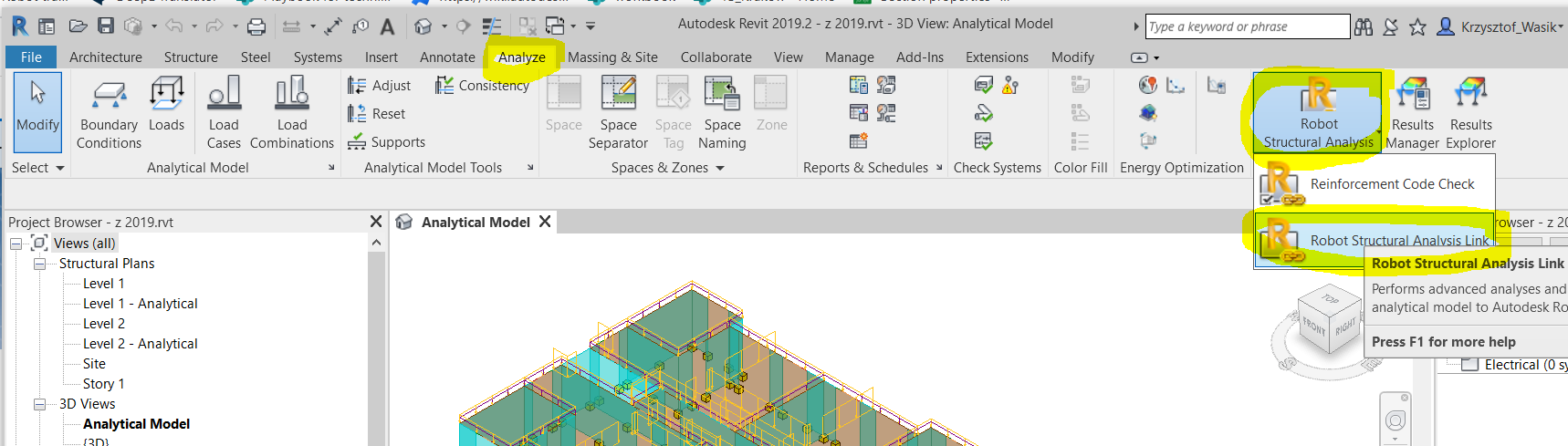 Revit 모델을 Robot Structural Analysis의 버전으로 내보낼 수 없습니다.