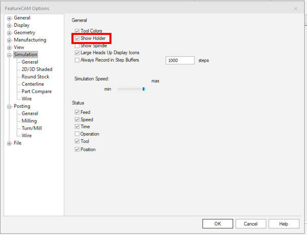 How to show the tool holder in 3D simulation in FeatureCam