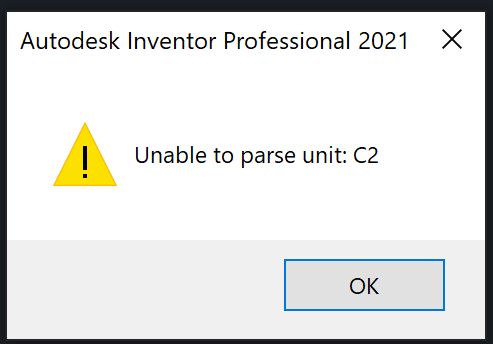 Unable To Parse Unit error when opening Inventor part linked to Excel