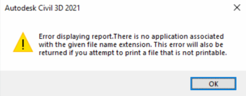 "Error displaying report. There is no application associated with the ...