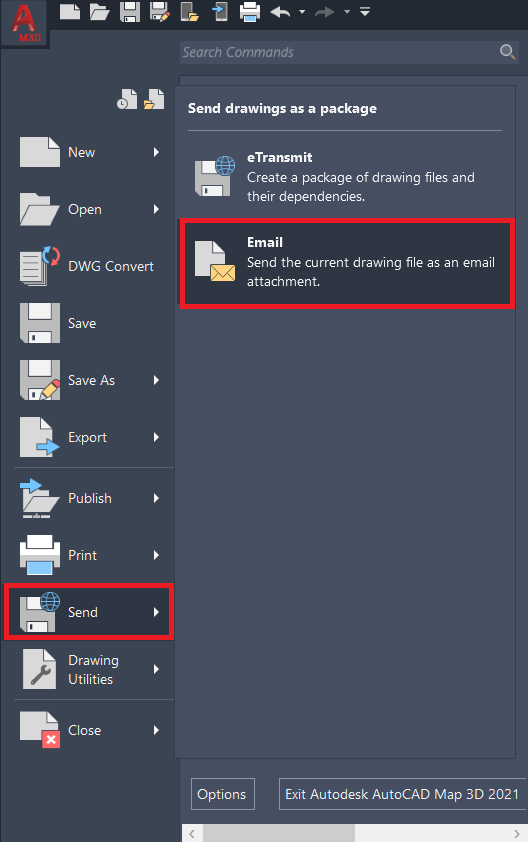 How to send the current drawing file as an email attachment in AutoCAD?