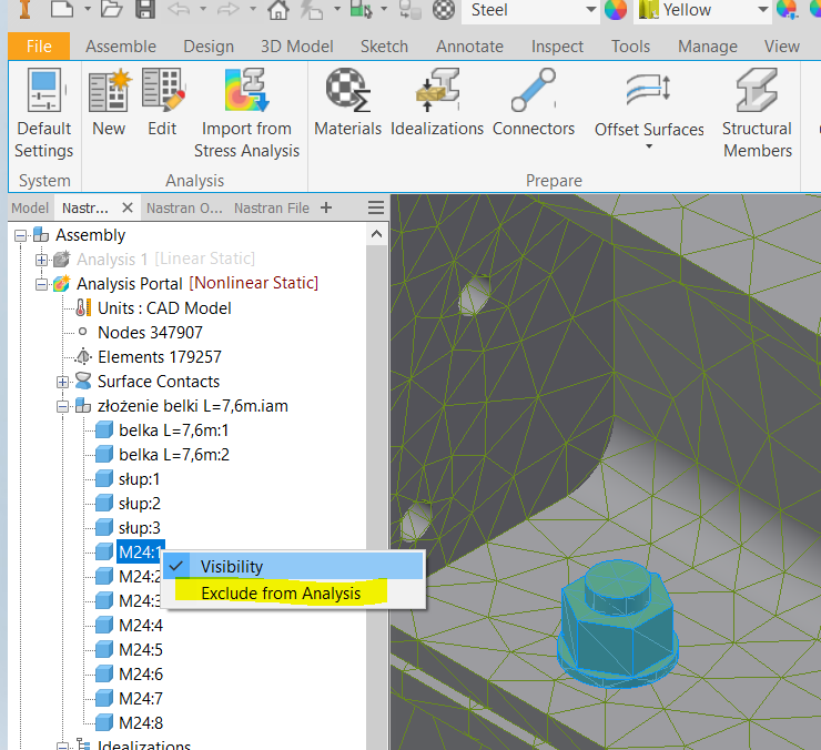 在 Inventor Nastran 中，具有定义为实体的螺栓和分离接触的非线性模型不收敛