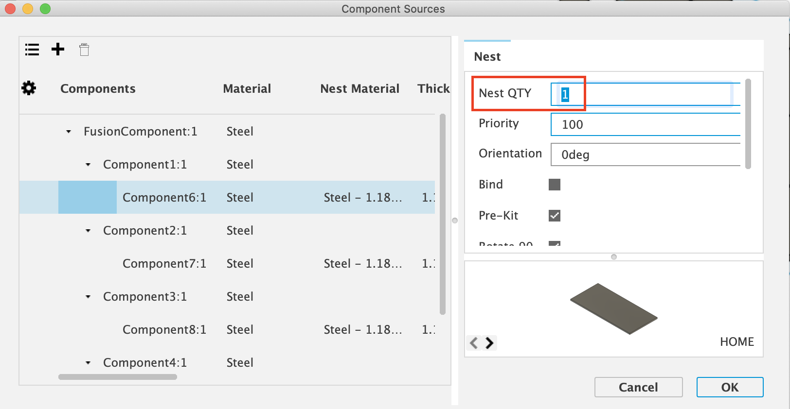 How to define quantities of components in a Fusion Nest Study
