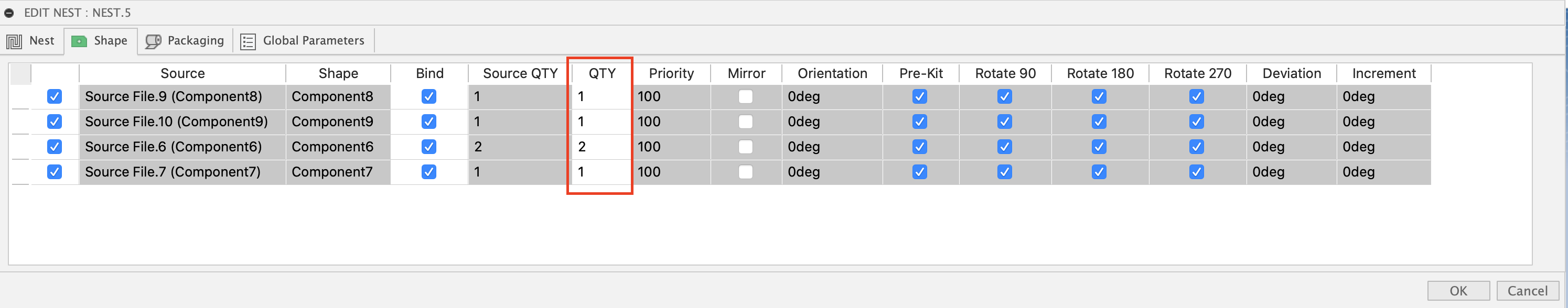 How to define quantities of components in a Fusion Nest Study