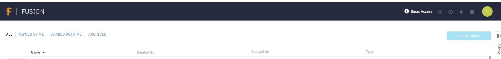 Commercial license shows “Basic Access” in Fusion