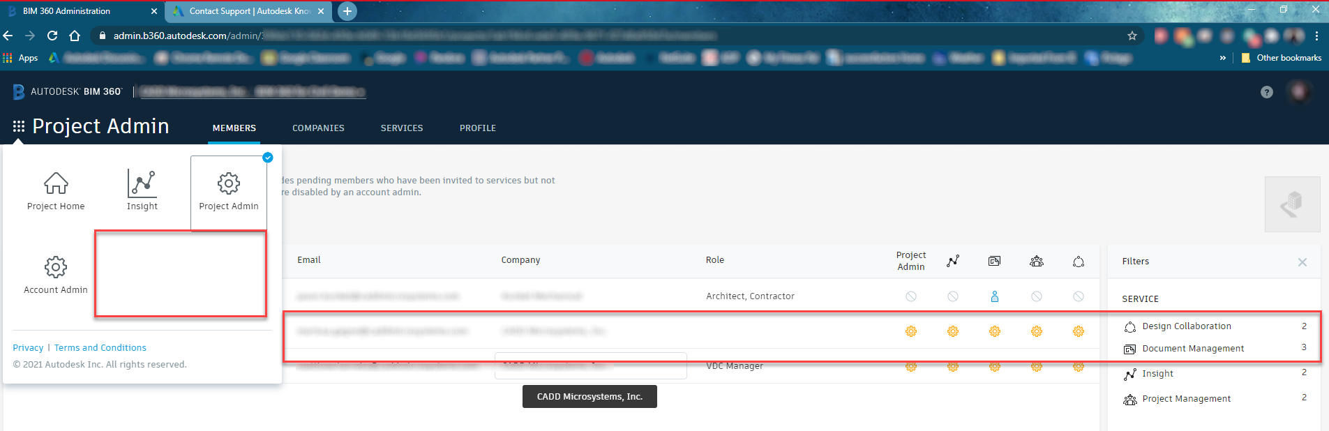 BIM 360/ACC模块选择器中缺少Document Management或其他服务