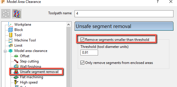 Where is unsafe segment removal in Finishing strategies in PowerMill.