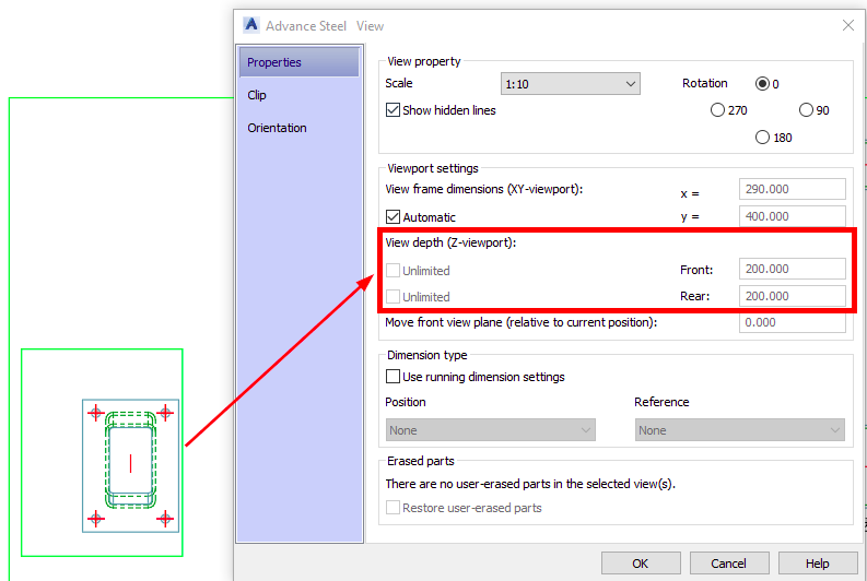 Section view depth is grey out in automatic output in Advance Steel details