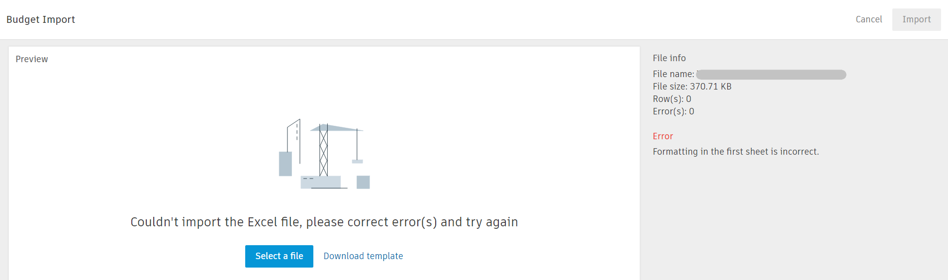 "Formatting in the first sheet is incorrect" when importing budget into ...