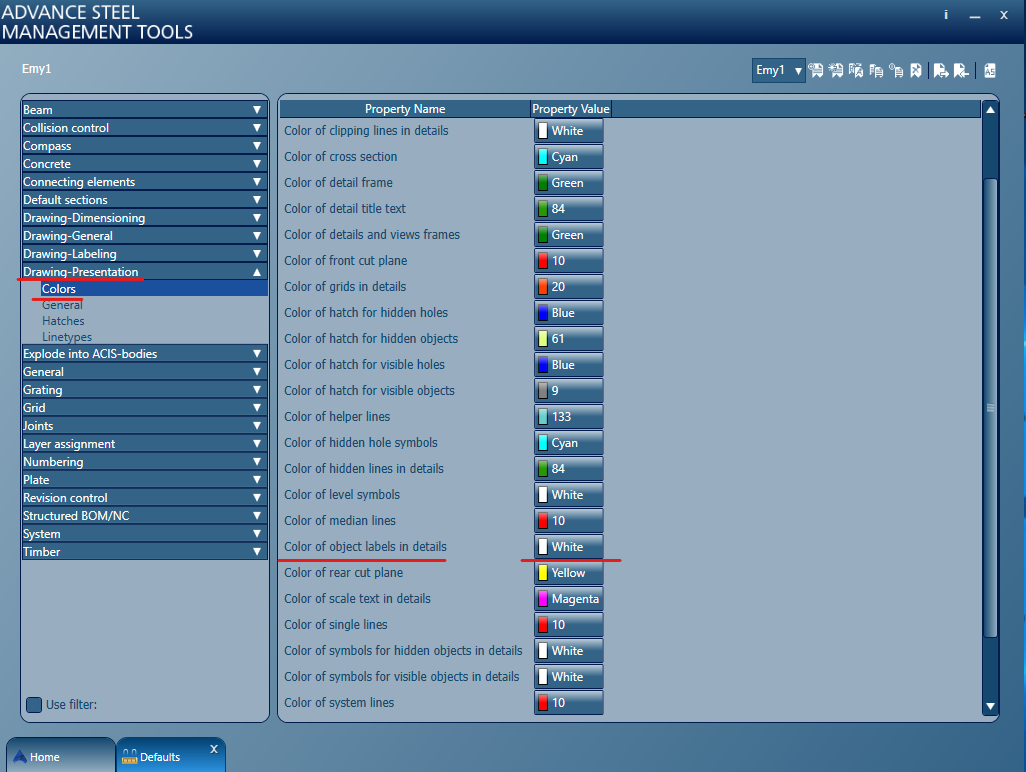 Changing colors for labels and leader lines in drawings in Advance Steel