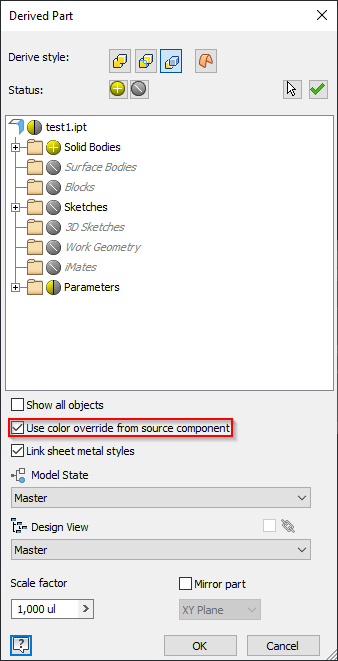 Applying Material to Derived Part does not change Part color accordingly in Inventor