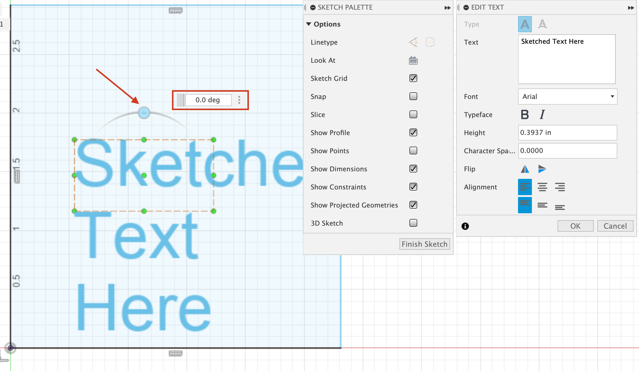 How to rotate sketched text in Fusion 360