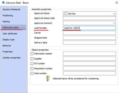Advance Steel에서 상세 설계를 위해 스크립트 내에서 "Load number" 객체 특성을 사용할 수 있습니까?
