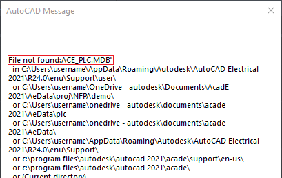 错误：“未找到文件： ACE_PLC。MDB“ - AutoCAD Electrical