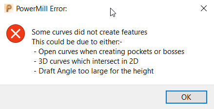 在 PowerMill 中创建孔特征集时显示“某些曲线未创建特征”消息