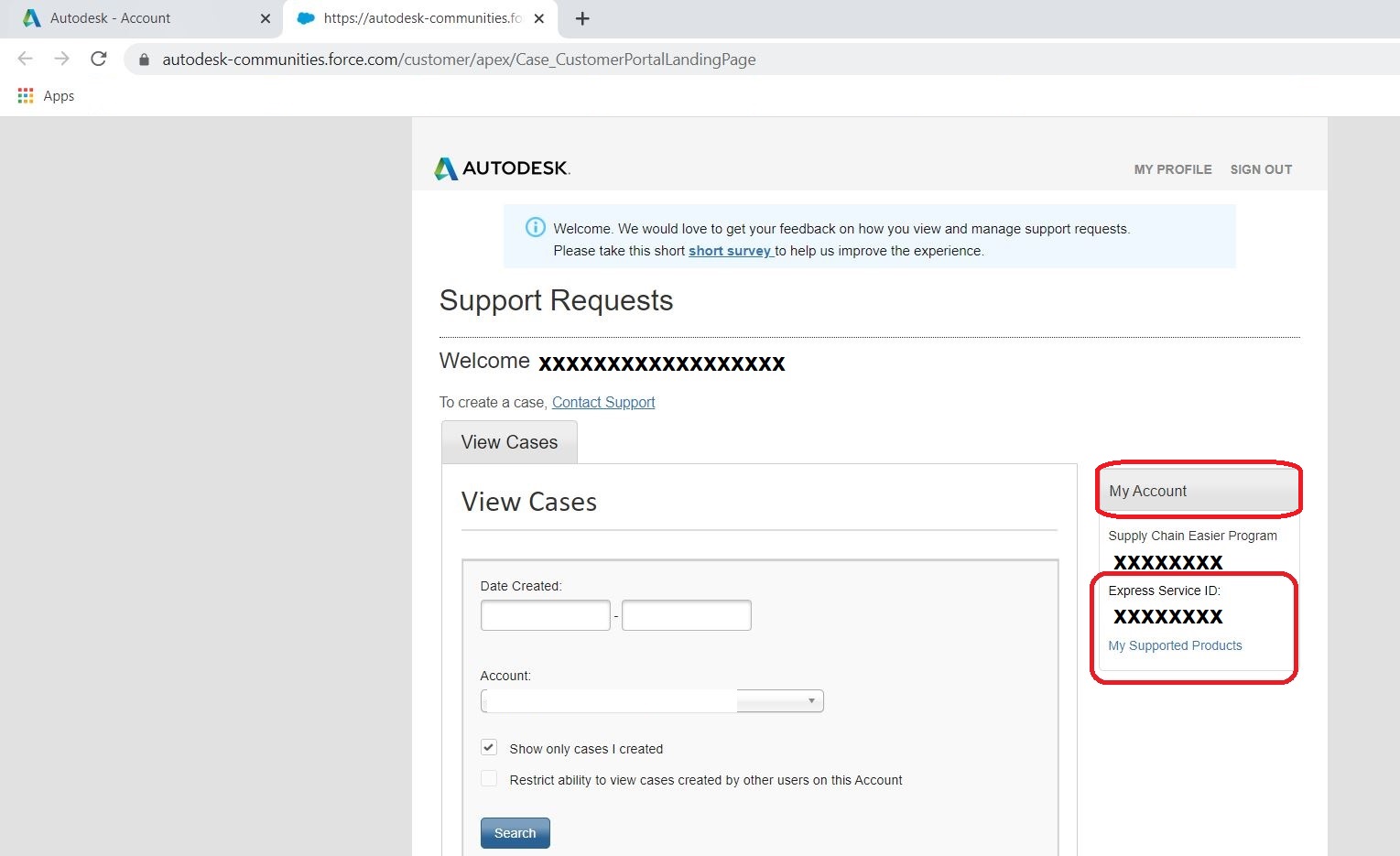 Autodesk Account에서 익스프레스 서비스 ID를 찾을 수 있는 위치는 어디입니까?