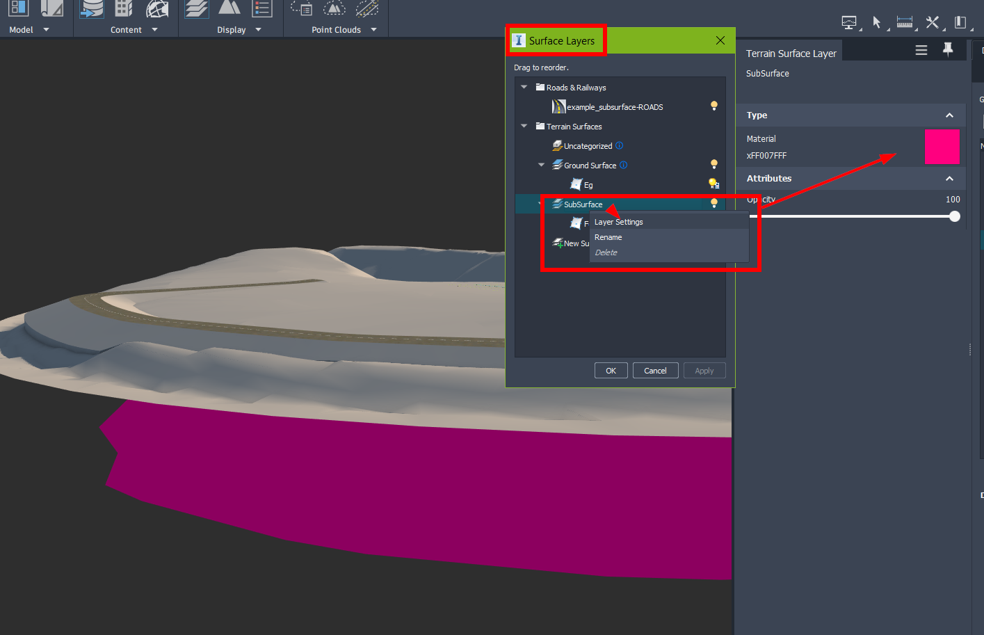 Add material or color to sub-surface layers in InfraWorks