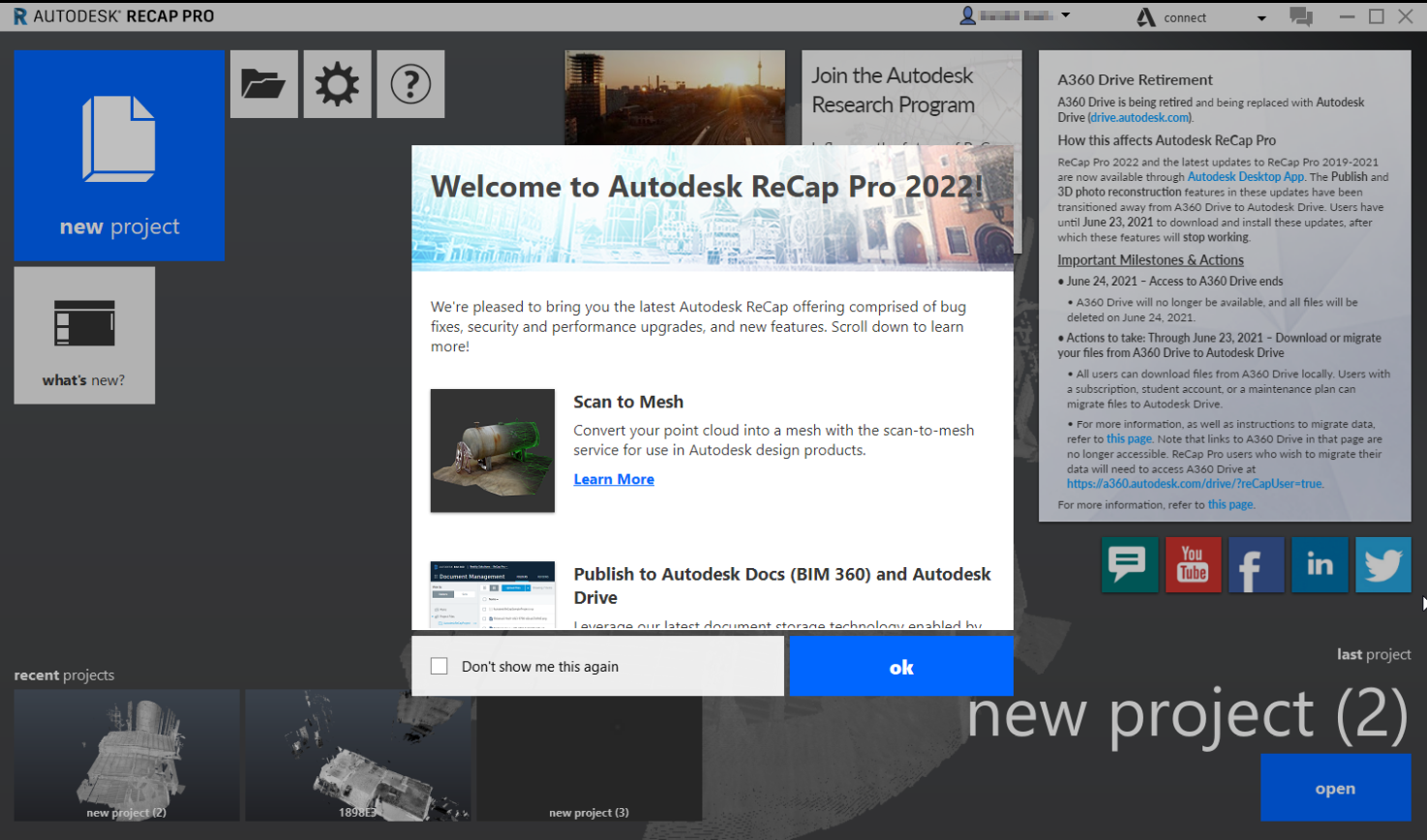 Schwarzes Fenster, Einfrieren oder Absturz nach dem Start von ReCap Pro