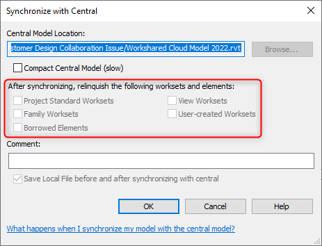 使用云 Revit 模型时，“与中心文件同步”对话框中的某些选项会灰显