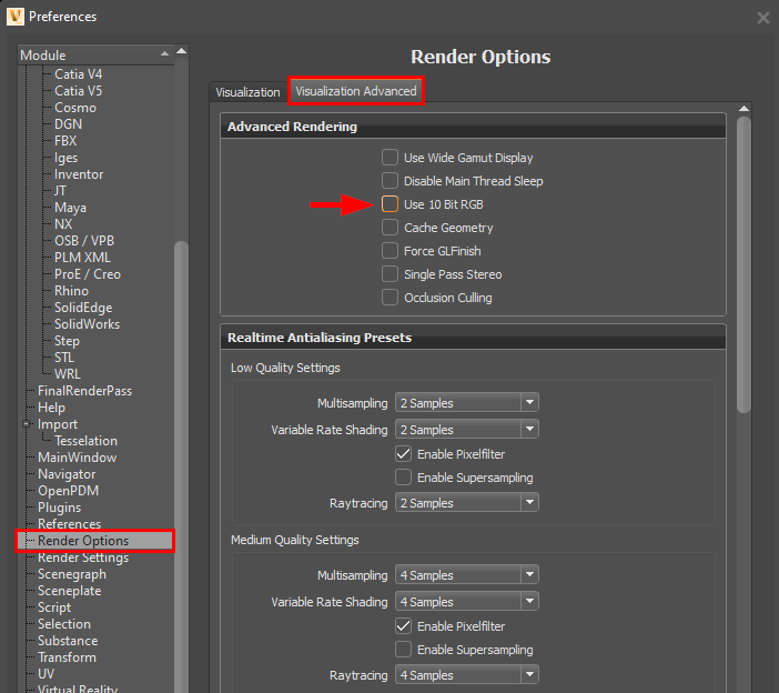 How to change the standard display output to more than 8 Bit in VRED