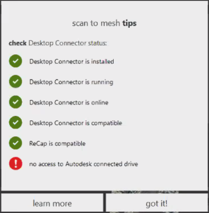 "No access to connected drives" when using Scan to Mesh, Publish, or Create 3D in ReCap Pro