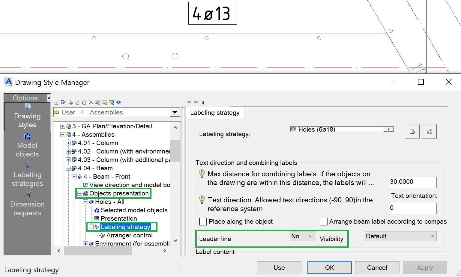 How to delete the leader line for labels in Advance Steel