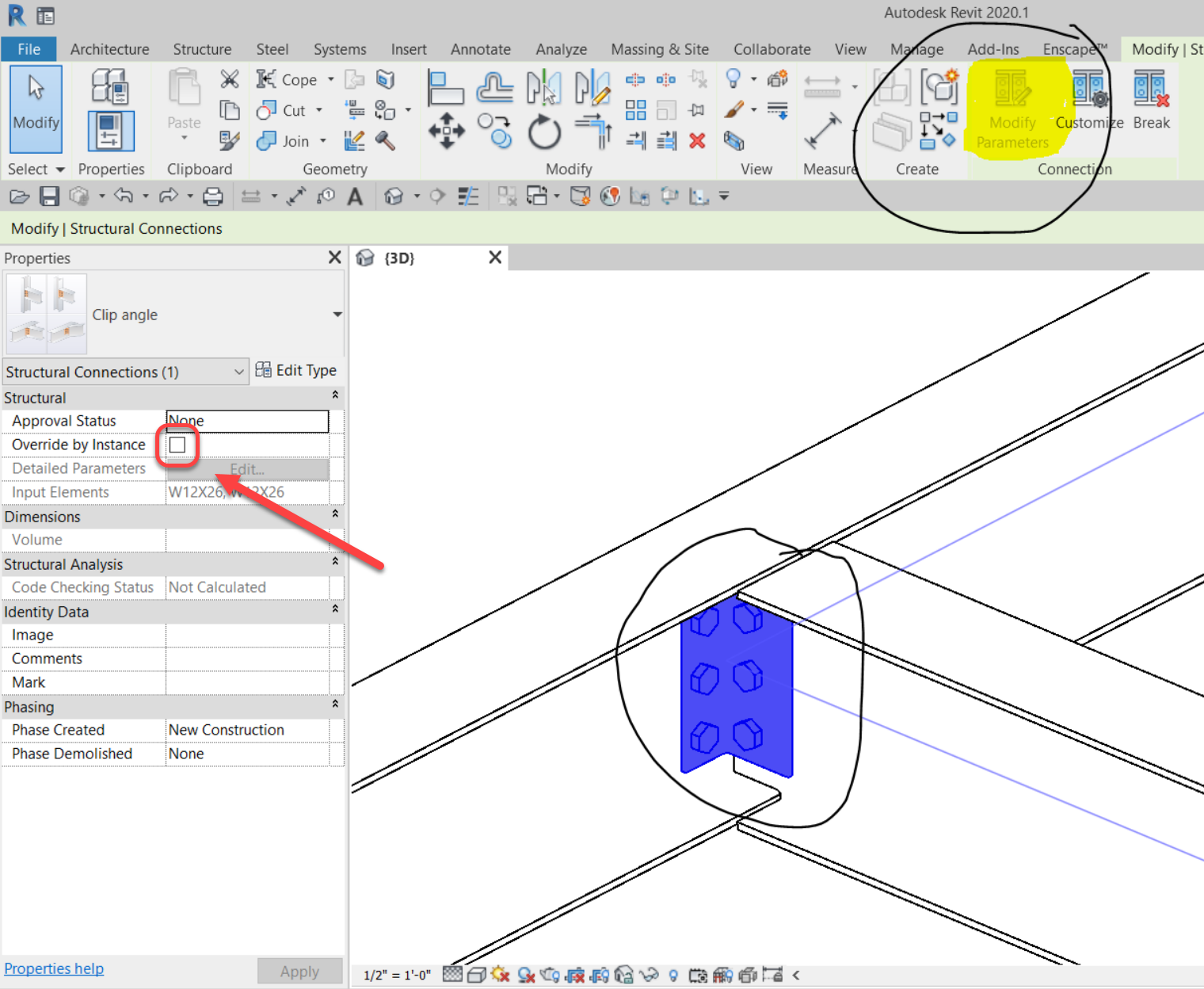 Unable to Modify Parameters on new Steel Connections in Revit