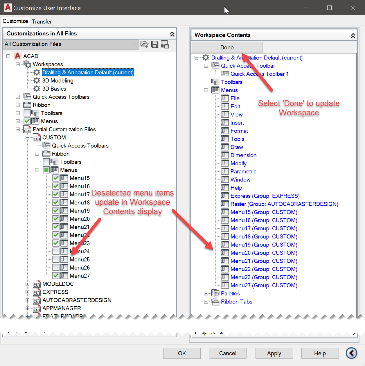 AutoCAD에서 부분적 CUIX를 로드할 때 메뉴 막대에 일부 메뉴 항목이 표시되지 않음