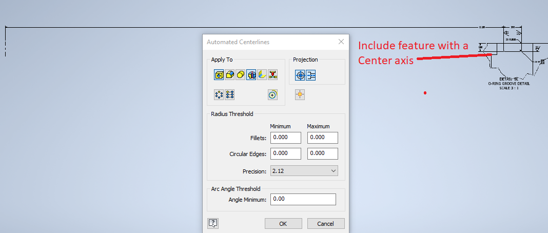 Can't get automated centerlines to show an assembly revolution cut axis in detail view in Inventor