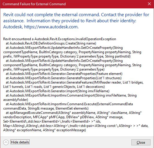 "El mensaje """"Revit no ha podido completar el comando externo ...
