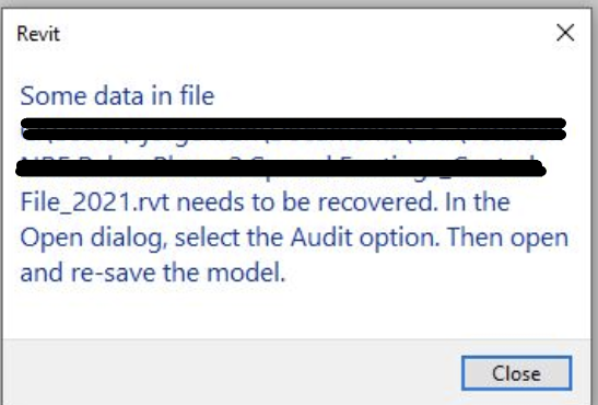 "Some data in the file needs to be recovered. In the Open dialog ...