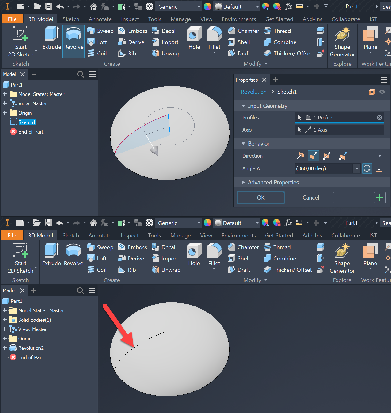 Revolving non-arc geometry leads to visible edge in Inventor