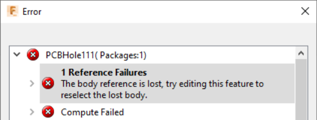 "Reference Failures. The body reference is lost" when trying to push to a 3D PCB in Autodesk Fusion