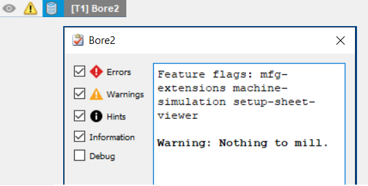 Empty toolpath warning on boring and drilling toolpaths in Fusion 360 Manufacture
