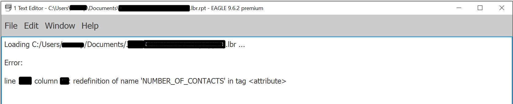 "Error: line , column : redefinition of name..." after opening library in EAGLE