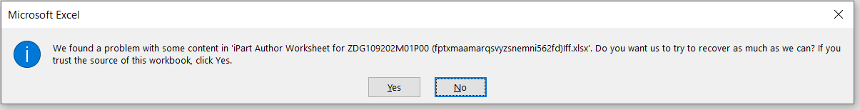 通过 Excel 编辑 Inventor 2020 iPart 时显示“我们发现 iPart 作者工作表中的某些内容存在问题”