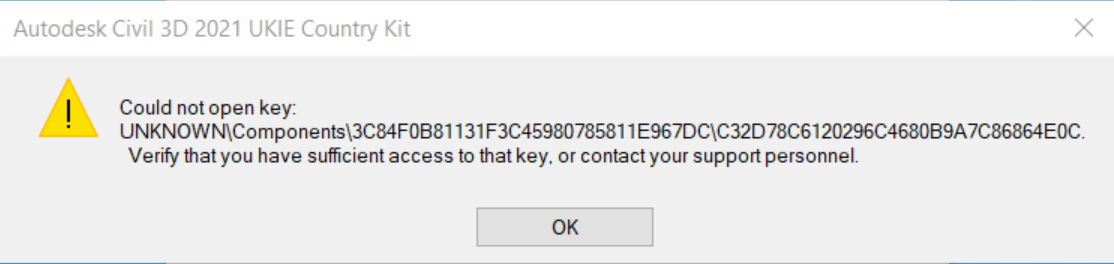 "Could not open key..." when starting Civil 3D after installing country kit