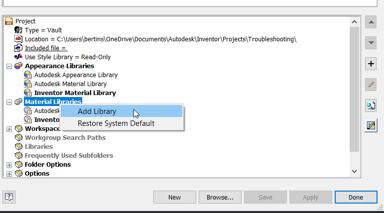 Material library not accessible via the Material browser in Inventor