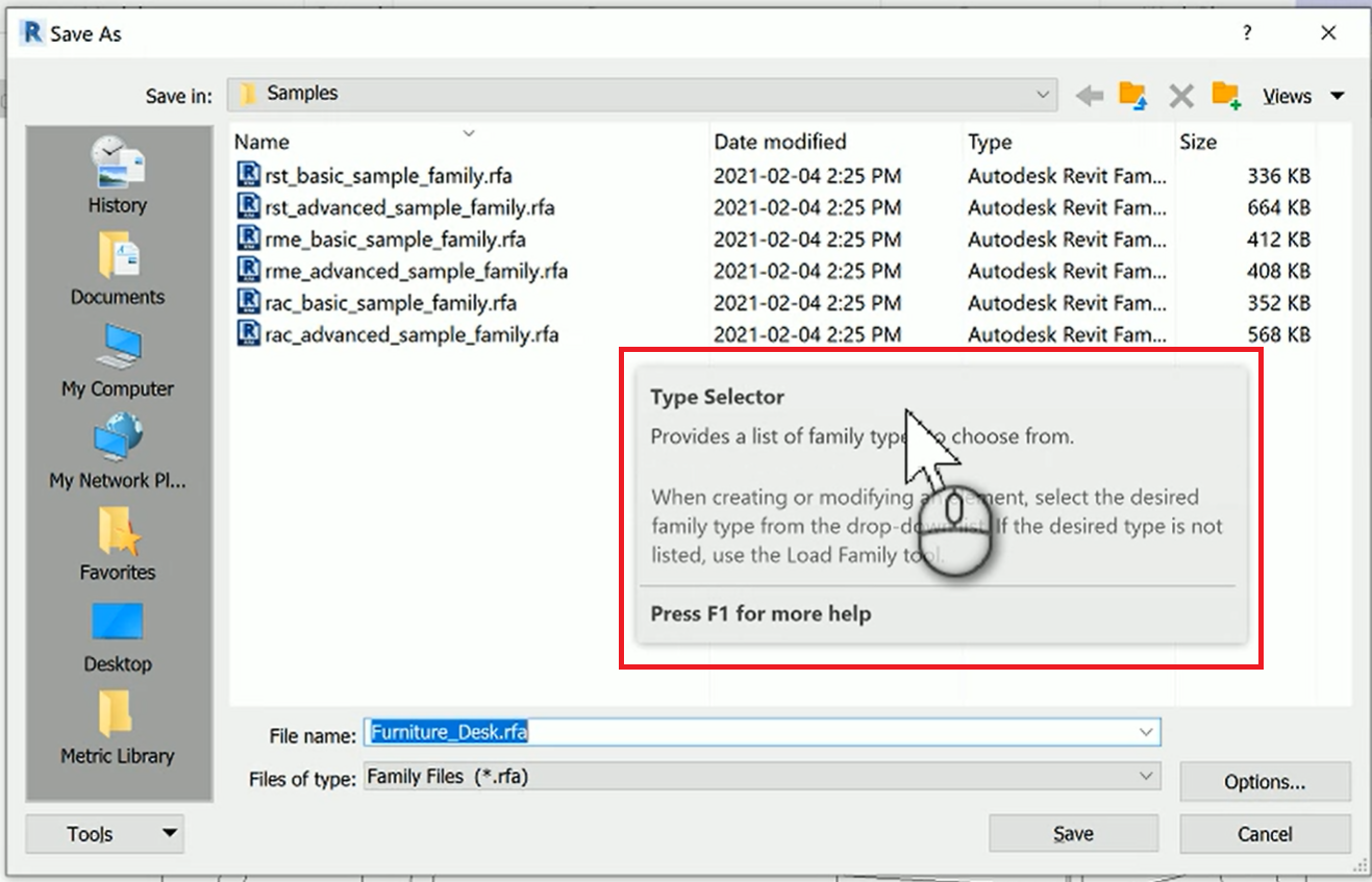 When trying to save a Revit family, the Type Selector tooltip dialogue ...