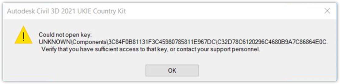 "Could not open key: UNKNOWN\Components\..." when installing Autodesk Civil 3D 2021 UKIE Country Kit