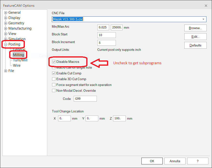 Unable to get subprograms while post processing toolpaths in FeatureCAM