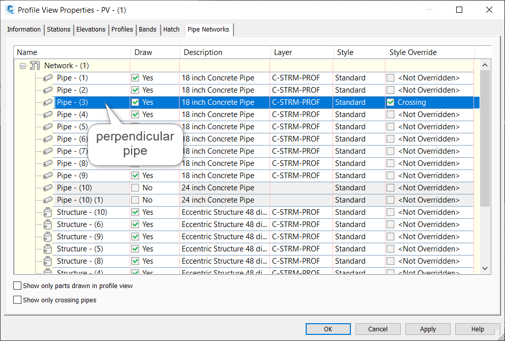 Pipes cannot be displayed in both perpendicular and parallel profile ...