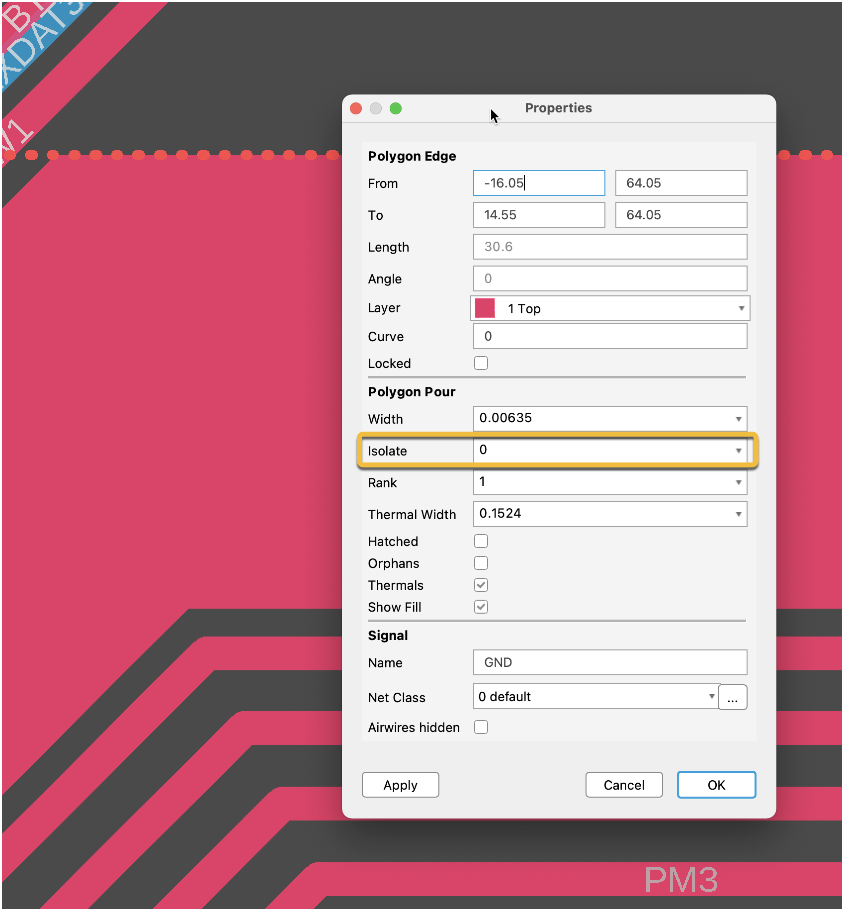 Unable to edit isolate in polygon pour properties in Autodesk Fusion Electronics