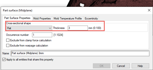 Midplane mesh thickness assigned on flat property not obeyed in Moldflow