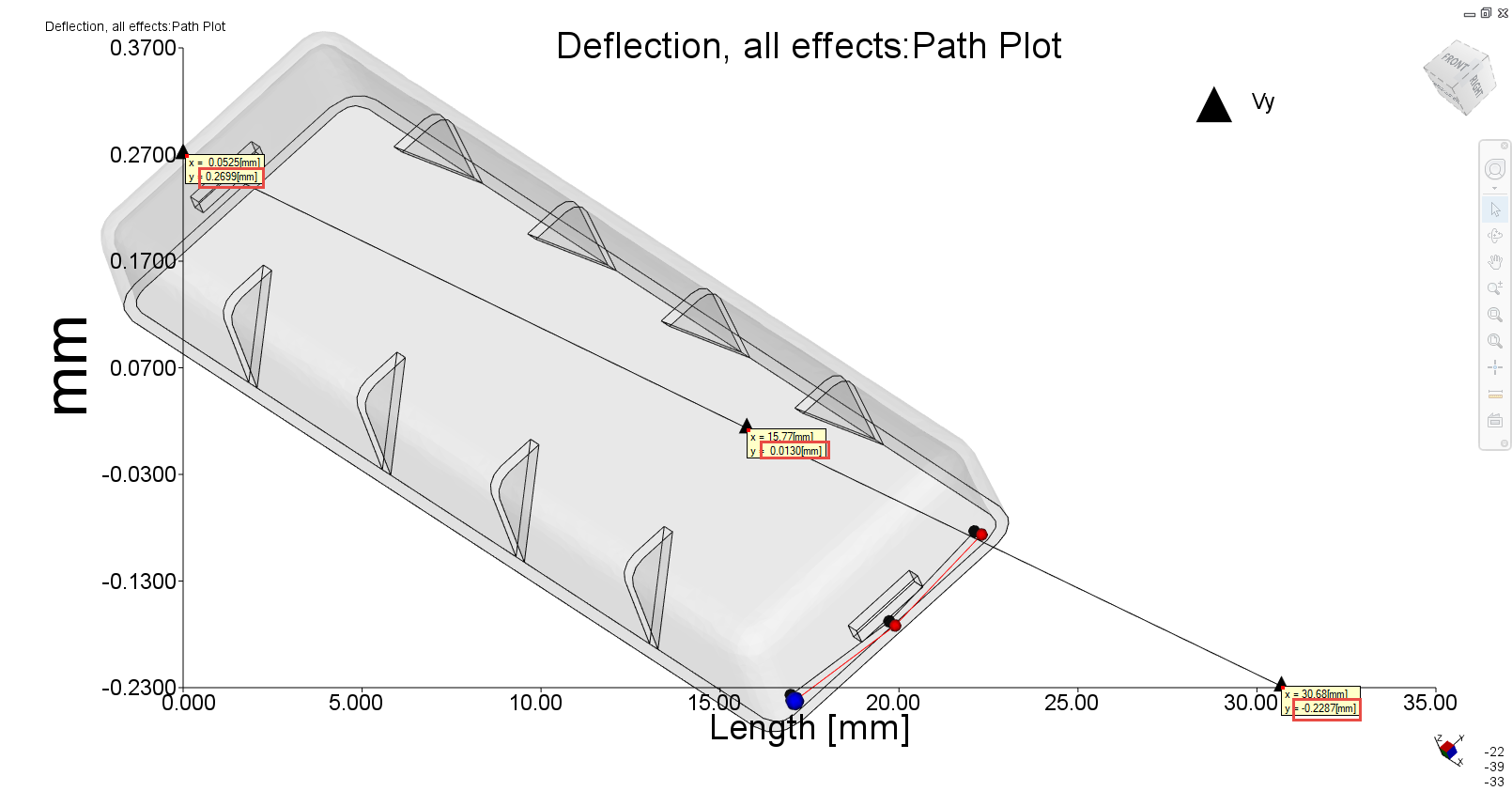 Deflection Query result do not match values shown in path plot in Moldflow