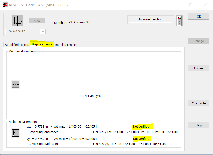 Member fails steel code check verification while ratios listed in the results section pass in ...