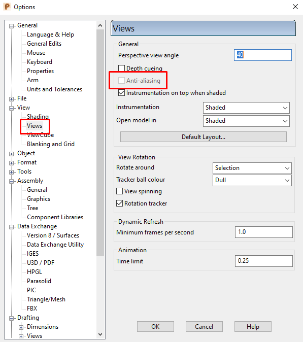 PowerShape 中的抗锯齿选项变暗