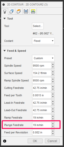 How to reduce the plunge or ramp speed for tabs in Fusion 360